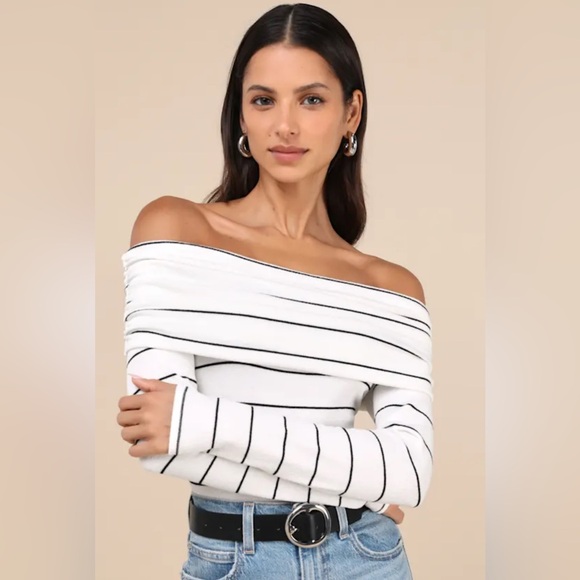Lulus | Tops | Lulus White W Black Stripes Offtheshoulder Blouse | Poshmark